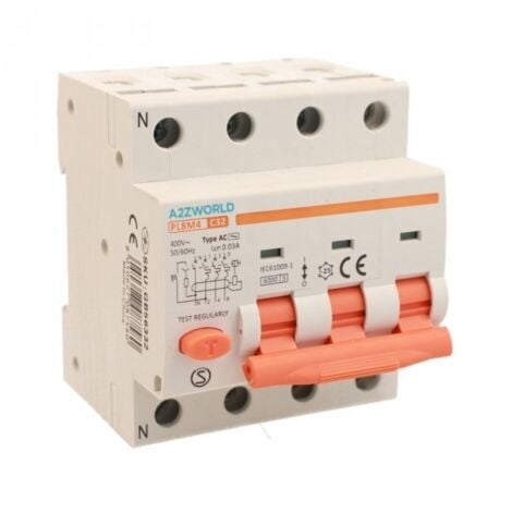 A2ZWORLD RCBO Interruttore Magnetotermico Differenziale Tipo AC Curva C 3P+N 4M 6000A 30mA C32A ...