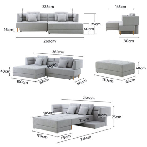 Canapé multifonction 4 places en tissu gris clair BERGA