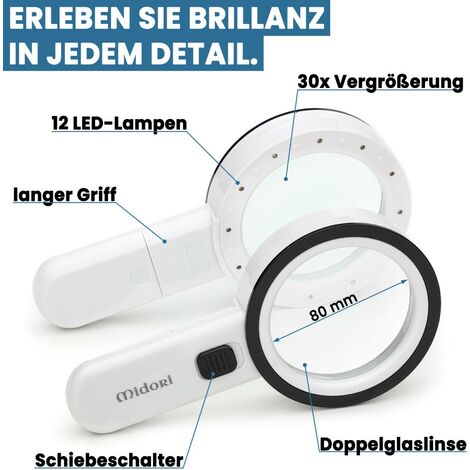 Midori® LED Lupe Leselupe 30-fache Vergrößerung Handlupe 80 mm Linse