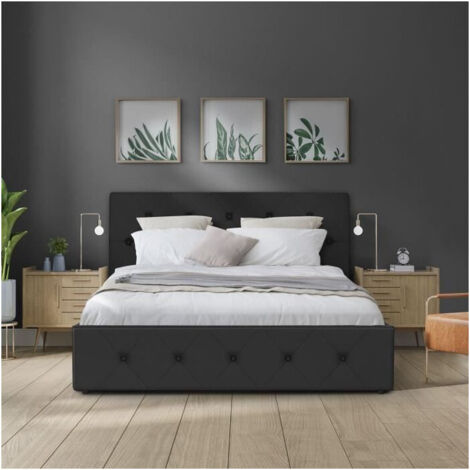 Lit adulte DAVID 140 x 190 cm - 4 tiroirs - Sommier inclus - Simili noir
