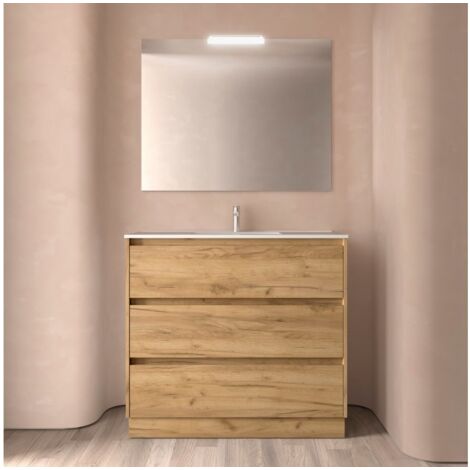 Mueble de baño de pie 100 cm con lavabo incorporado en roble africano ...