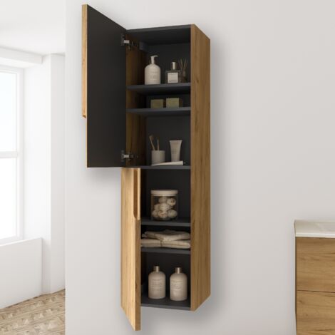 Columna de baño suspendida de roble africano 30x140 cm con dos puertas ...
