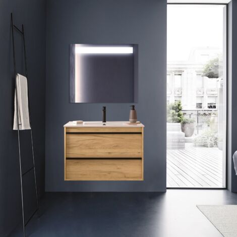 Mueble de baño suspendido de 80 cm en madera de roble africano con ...