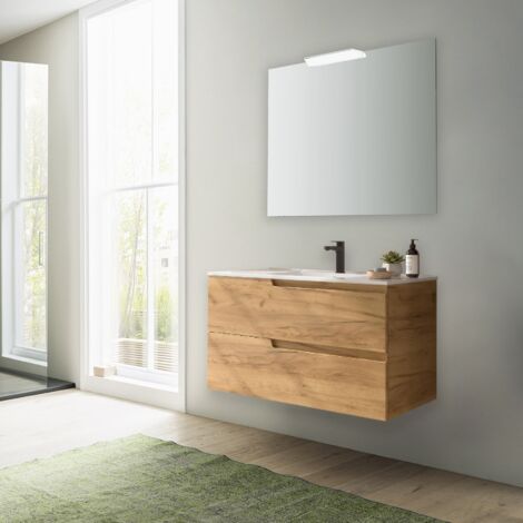 Mueble de baño suspendido de 100 cm en madera de roble africano con ...