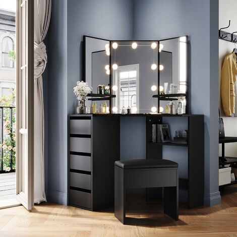ELEGANT Corner Dressing Table, LED Vanity Makeup Desk Set with 3 ...