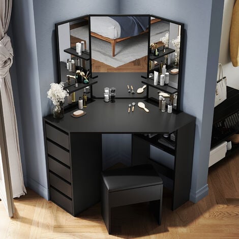 ELEGANT Corner Dressing Table, LED Vanity Makeup Desk Set with 3 ...