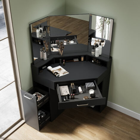 ELEGANT Corner Dressing Table with 3 Large Movable Triple Mirror, 3 ...