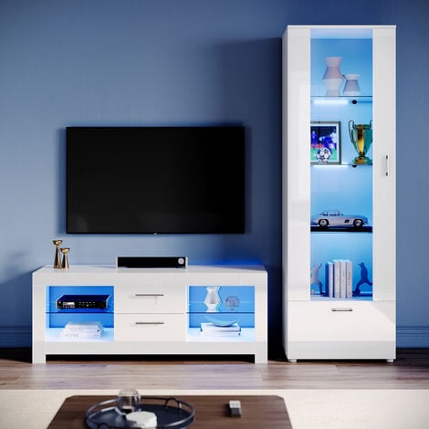 ELEGANT Living Room Set Modern High Gloss Fronts with LED Light 1300mm TV Stand Display Cabinet with Glass Shelf Tall Storage Cabinet White