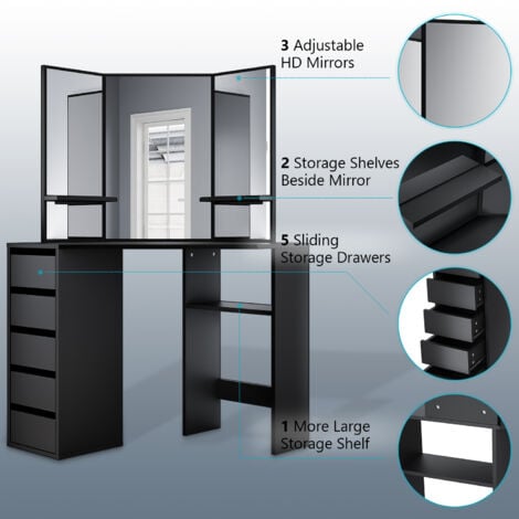 ELEGANT Corner Dressing Table Set Makeup Dresser Desk with 3 Large ...