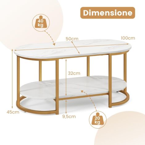COSTWAY Tavolino da Salotto con Piano Effetto Marmo Bianco, Tavolino Moderno a 2 Livelli con ...