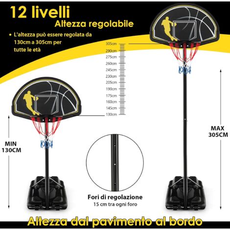 COSTWAY Canestro da Basket Portatile, Canestro Regolabile da 130 a 305 ...