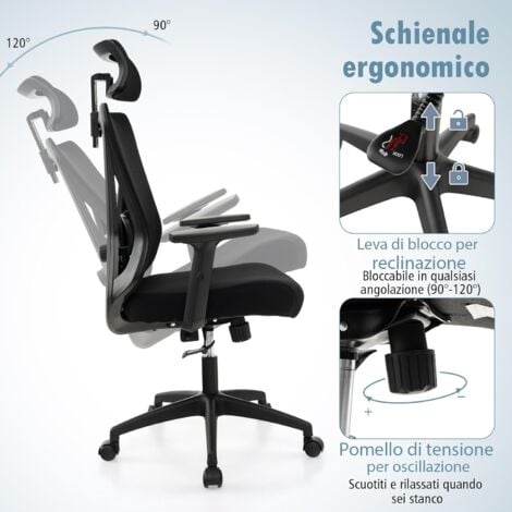 COSTWAY Sedia da Ufficio Ergonomica in Rete, Sedia Girevole Regolabile con Schienale Oscillante ...