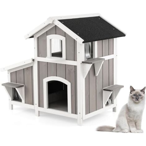 COSTWAY Casetta per Gatti con 2 Ingressi Frontali e 4 Bucchi con Tende ...