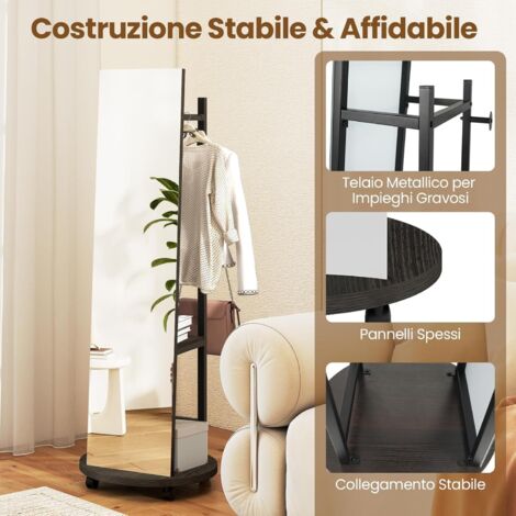 COSTWAY Appendiabiti con Specchio a Figura Intera, 3 Ganci e Ripiani ...