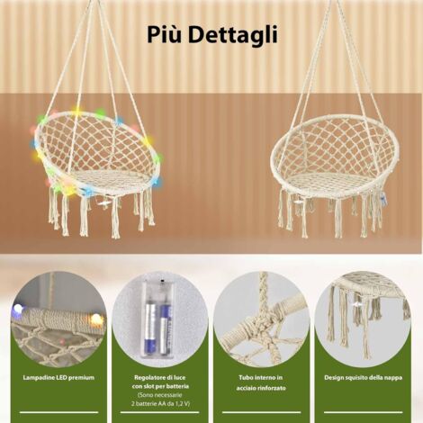 COSTWAY Sedia a Dondolo in Macramè, Sedia Amaca con Luci a LED, Corda ...