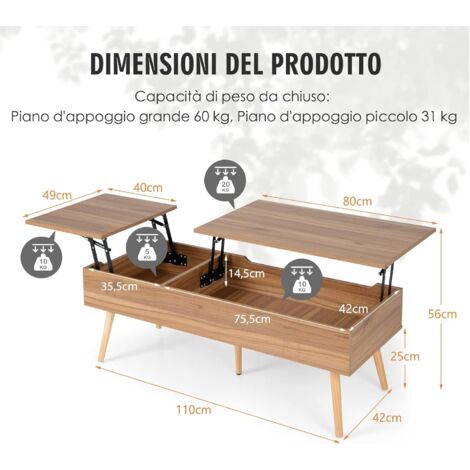 COSTWAY Tavolino da Salotto in Legno, Tavolino Basso Sollevabile con ...