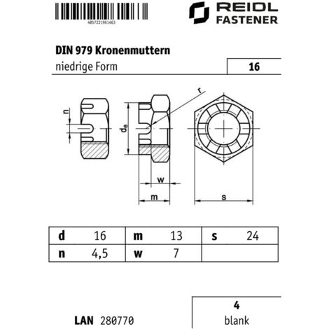 Reidl DIN 979 Kronenmuttern M 16, Stahl Klasse 4 blank