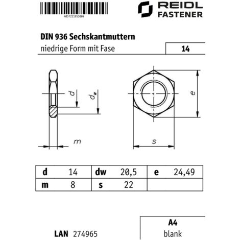 Reidl DIN 936 Sechskantmutter niedrige Form mit Fase M 14 A4 blank