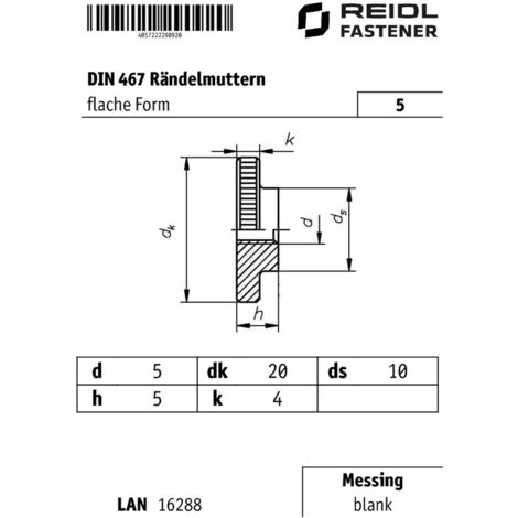 Reidl DIN 467 Rändelmuttern, flache Form, M 5, Messing blank