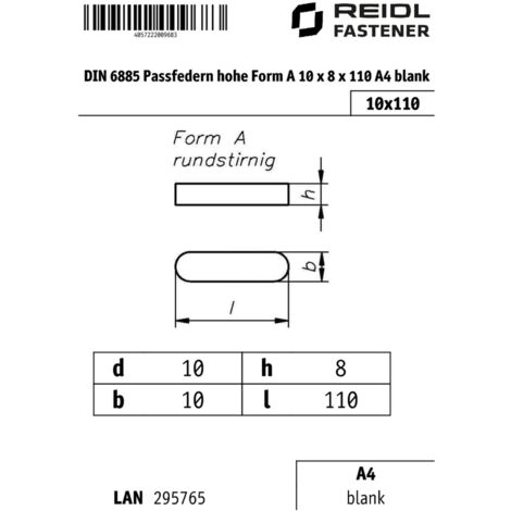 Reidl DIN 6885 Passfedern hohe Form A 10 x 8 x 110 A4 blank
