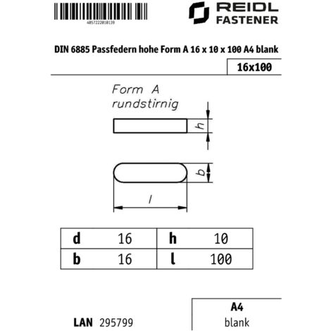 Reidl DIN 6885 Passfedern hohe Form A 16 x 10 x 100 A4 blank