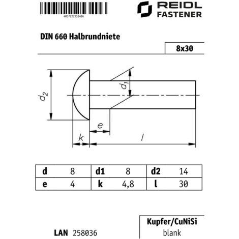 Reidl DIN 660 Halbrundniete 8x30, Kupfer / CuNiSi blank