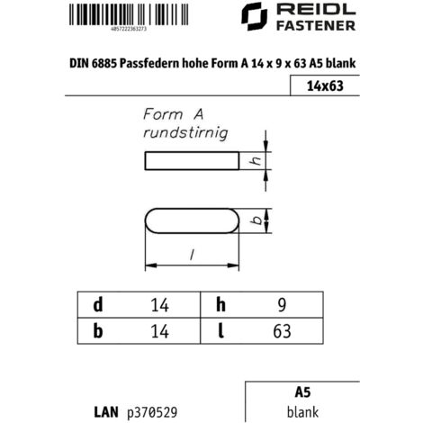 Reidl DIN 6885 Passfedern hohe Form A 14 x 9 x 63 A5 blank
