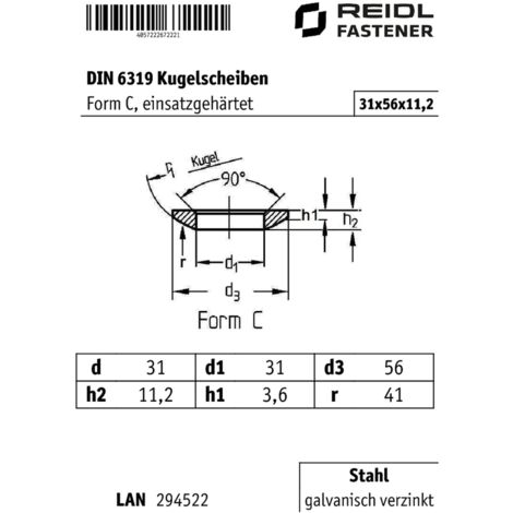 Reidl DIN 6319 Kugelscheiben für Gewinde M30 (31x11,2), Form C, Stahl galv. verzinkt farblos ...