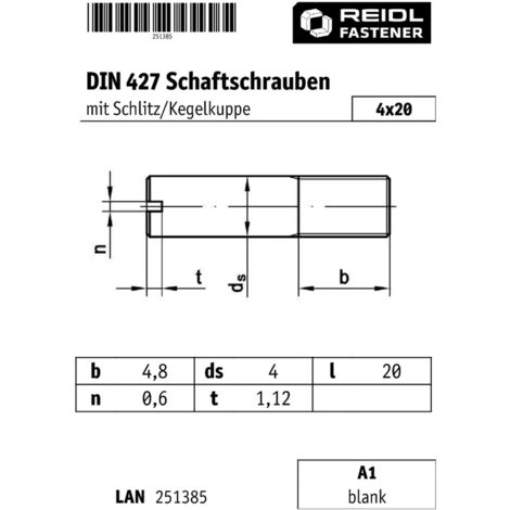 Reidl DIN 427 Schaftschrauben mit Schlitz/Kegelkuppe M4 x 20 A1 blank