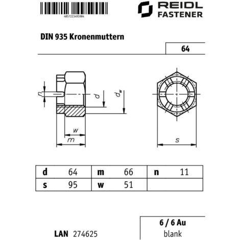 Reidl DIN 935 Kronenmuttern M 64, 6 / 6 Au (Stahl - gedreht) blank