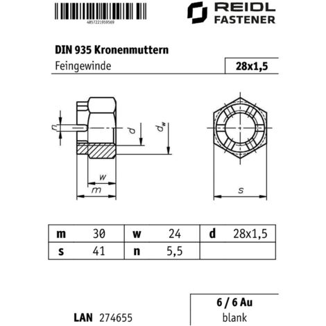 Reidl DIN 935 Kronenmuttern M 28 x 1,5, 6 / 6 Au (Stahl - gedreht) blank, Feingewinde