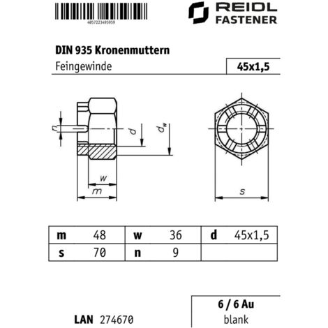 Reidl DIN 935 Kronenmuttern M 45 x 1,5, 6 / 6 Au (Stahl - gedreht ...
