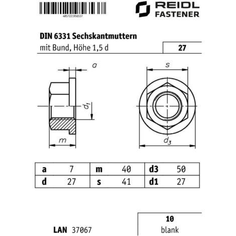 Reidl DIN 6331 Sechskantmuttern mit Bund M 27, Höhe 1,5 d, 10 blank