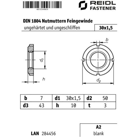 Reidl DIN 1804 Nutmuttern Feingewinde M 30 x 1,5, A2 blank, ungehärtet und ungeschliffen