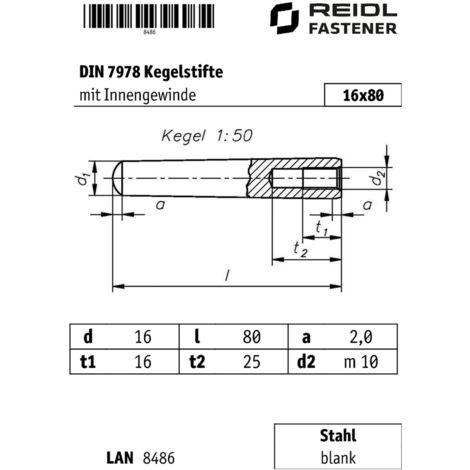 Reidl DIN 7978 Kegelstifte 16x80, mit Innengewinde, Stahl blank