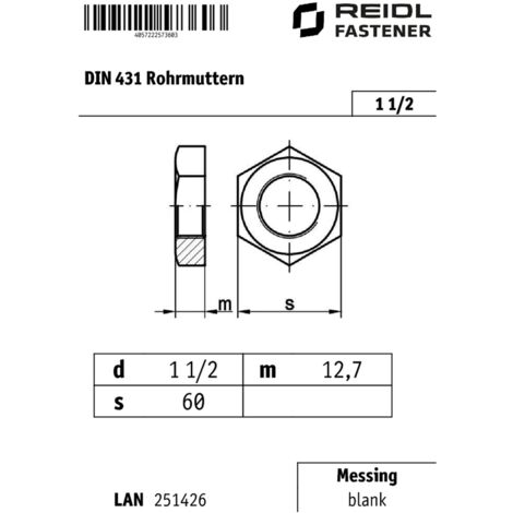 Reidl DIN 431 Rohrmuttern 1 1/2, Messing blank