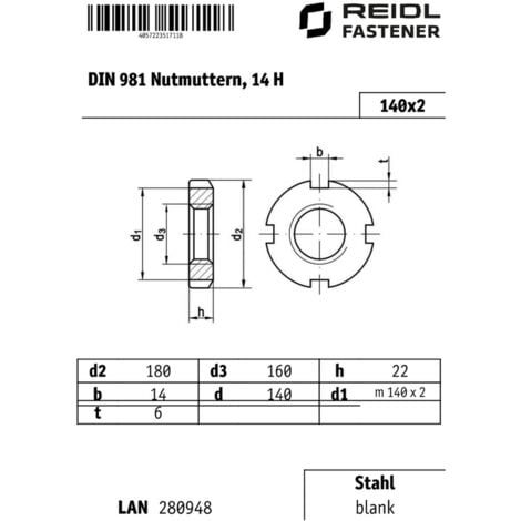 Reidl DIN 981 Nutmuttern Feingewinde M 140 x 2, Stahl blank