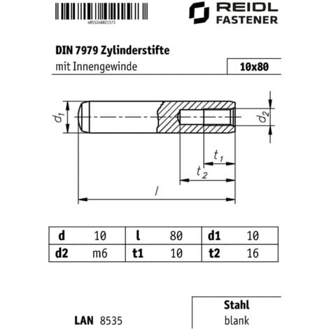 Reidl DIN 7979 Zylinderstifte Form D 10 x 80, Toleranz m6, mit Innengewinde M6, Stahl blank