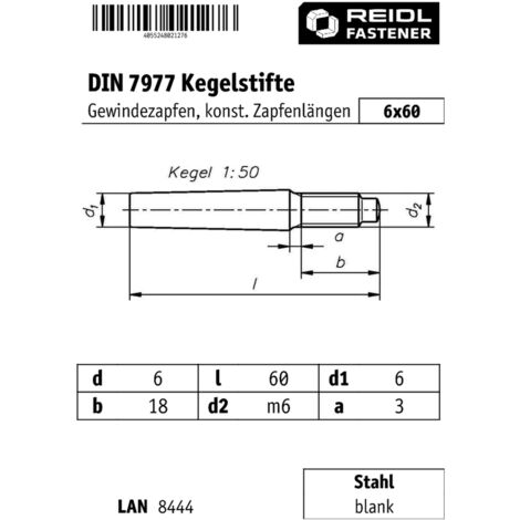 DIN 7977 Kegelstifte 6x60, mit Gewindezapfen und konstanten Kegellängen ...