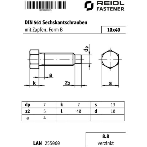 Reidl DIN 561 Sechskantschraube mit Zapfen Form B 10x40 Stahl verzinkt