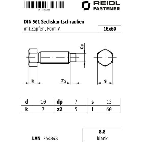 Reidl DIN 561 Sechskantschraube mit Zapfen Form A 10x60 8.8 blank