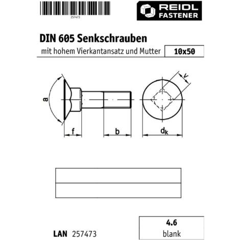 Reidl DIN 605 Senkschraube M 10 x 50, hoher Vierkantsatz, 4.6 blank