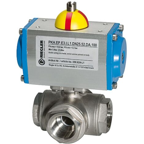 Riegler Edelstahl-Kugelhahn, pneumat. Stellantrieb doppeltwirk., T-Bohrung T2, Rp 1