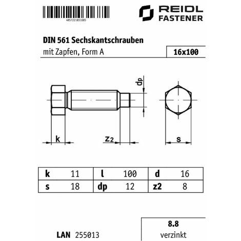DIN 561 Sechskantschraube mit Zapfen Form A 16x100 8.8 verzinkt farblos