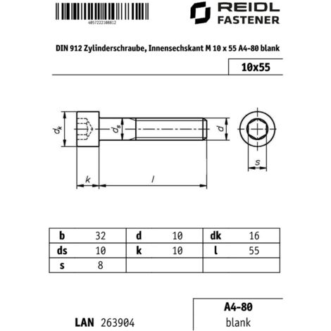 Reidl DIN 912 Zylinderschraube, Innensechskant M 10 x 55 A4-80 blank