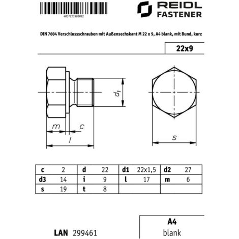 Reidl DIN 7604 Verschlussschrauben mit Außensechskant M 22 x 9, A4 blank, mit Bund, kurz