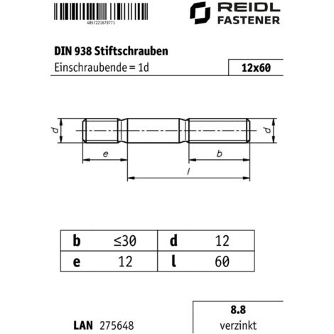 Reidl DIN 938 Stiftschrauben mit Einschraubende =1d, M 12 x 60, 8.8 verzinkt farblos