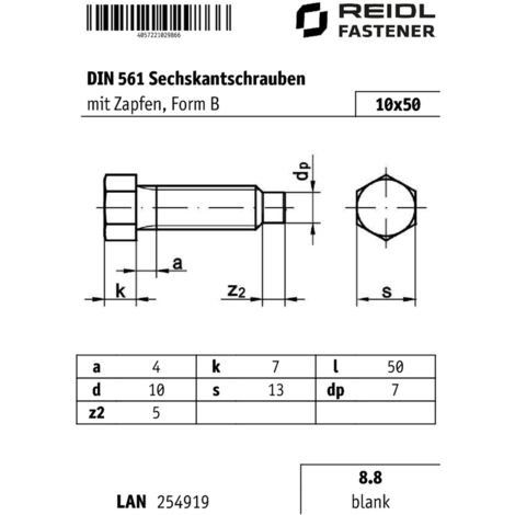 Reidl DIN 561 Sechskantschraube mit Zapfen Form B 10x50 8.8 blank