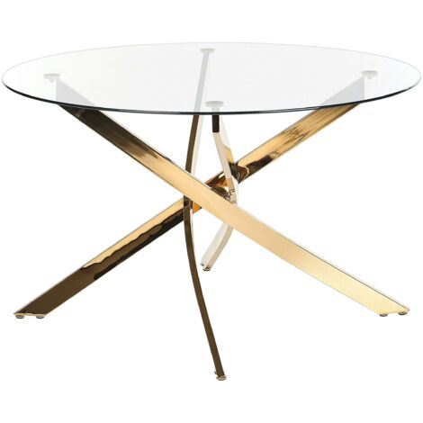 Table de Repas Ronde Plateau en Verre Trempé et Pieds Dorés 120 cm Maramo
