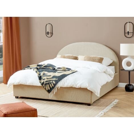 Lit Double avec Coffre en Tissu Beige 160 x 200 cm Tête de Lit Ronde ...